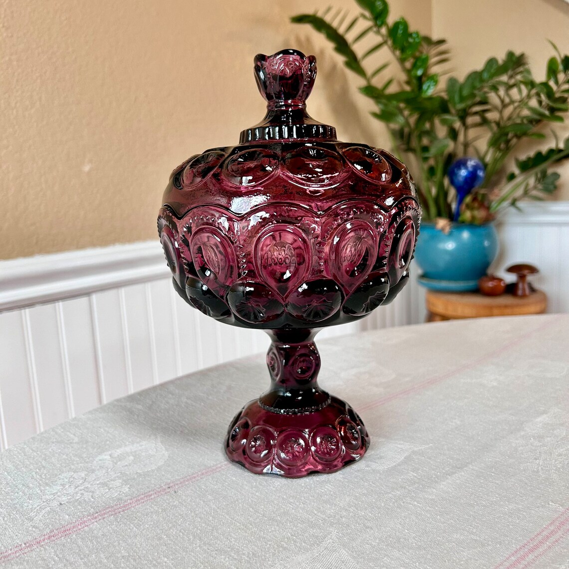 L.E. Smith Mould Moon and Star Weishar Glass Amethyst Large Compote ...