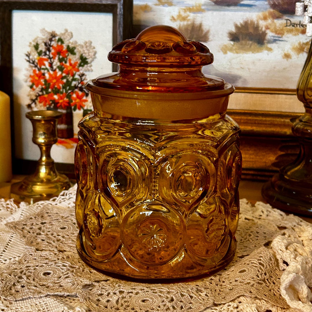 Vintage L.E. Smith Glass Moon and Stars Amber Small Lidded Canister - Etsy