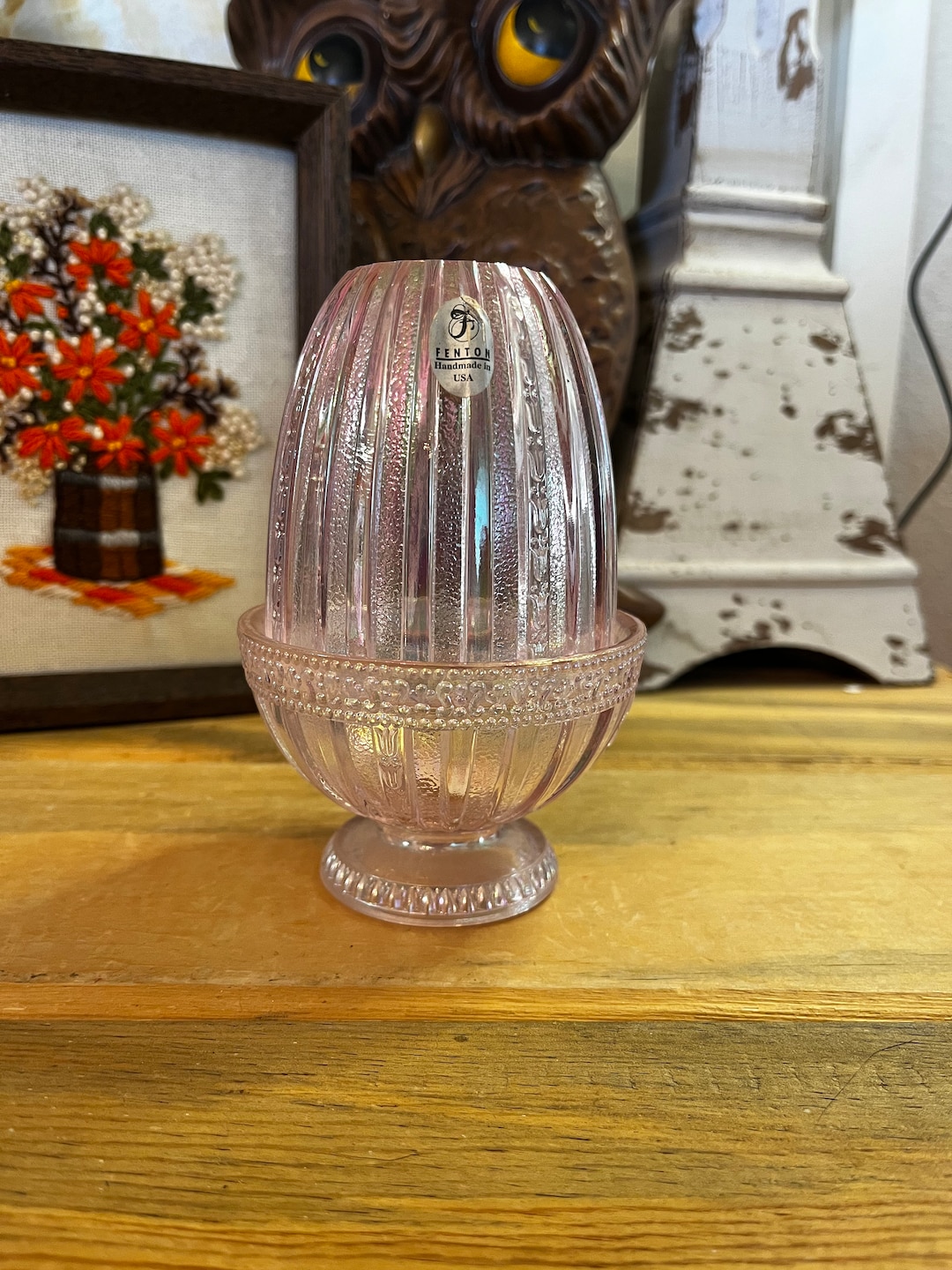 Vintage Fenton Iridescent Pink Glass Tulip Fairy Lamp Light With ...