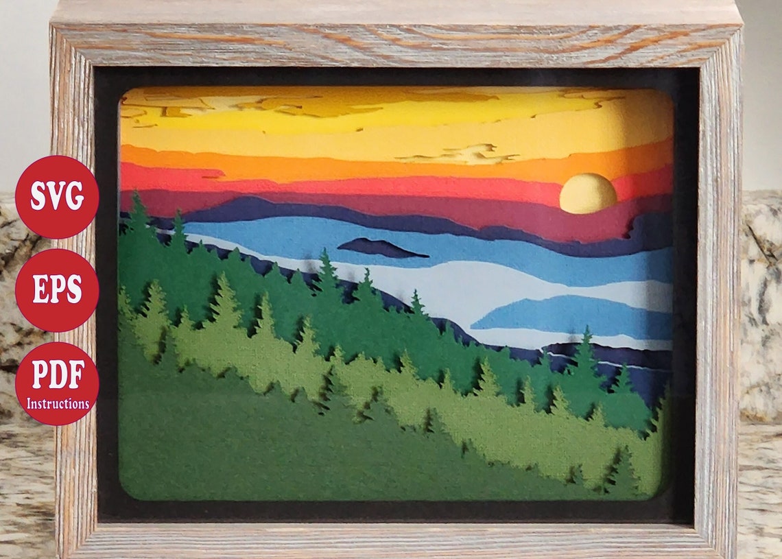 Smoky Mountain Sunset Shadow Box SVG File, 3D Layered Papercut (digital ...