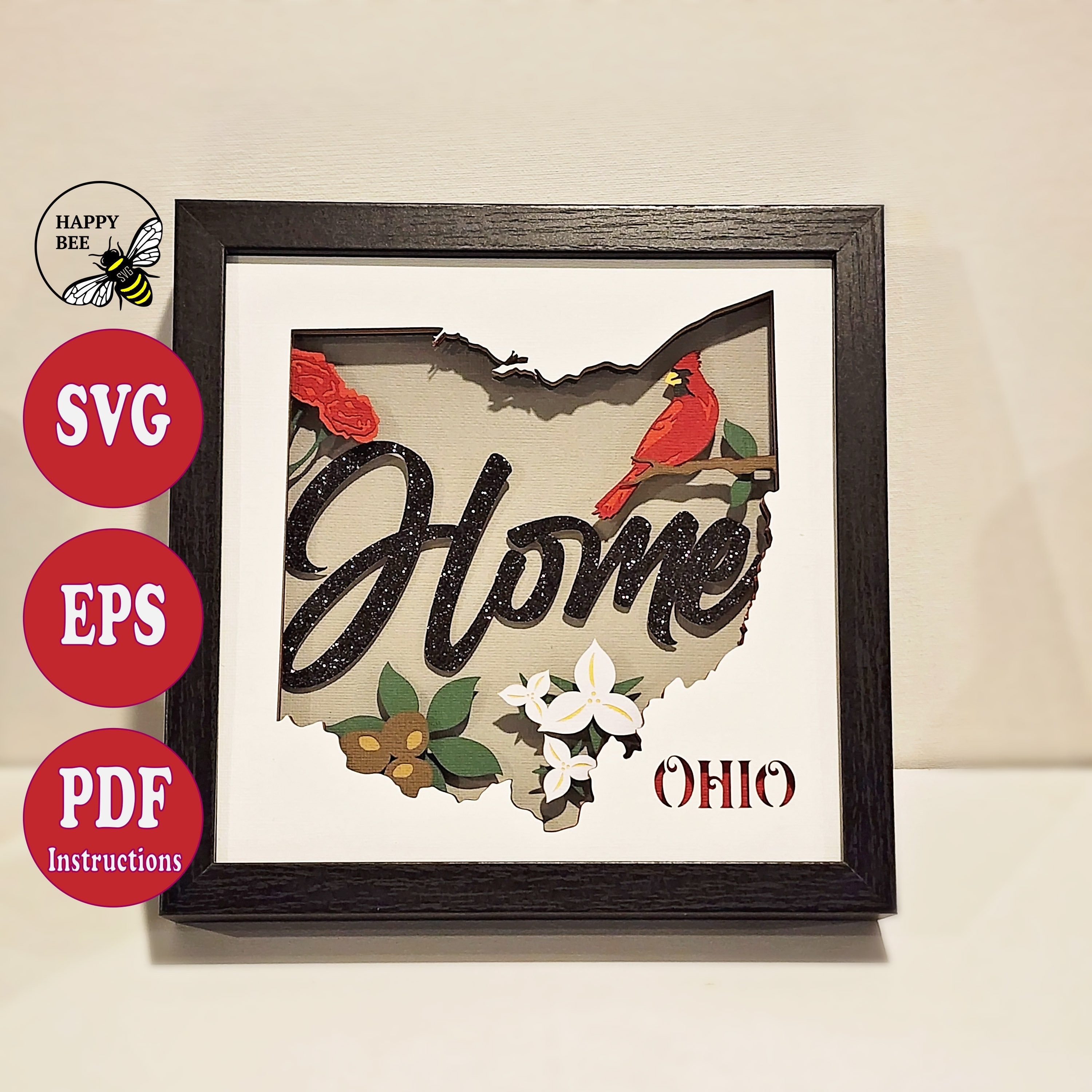 Ohio Home Shadow Box SVG File, 3D, Layered Shadow Box, Cardinal, State ...