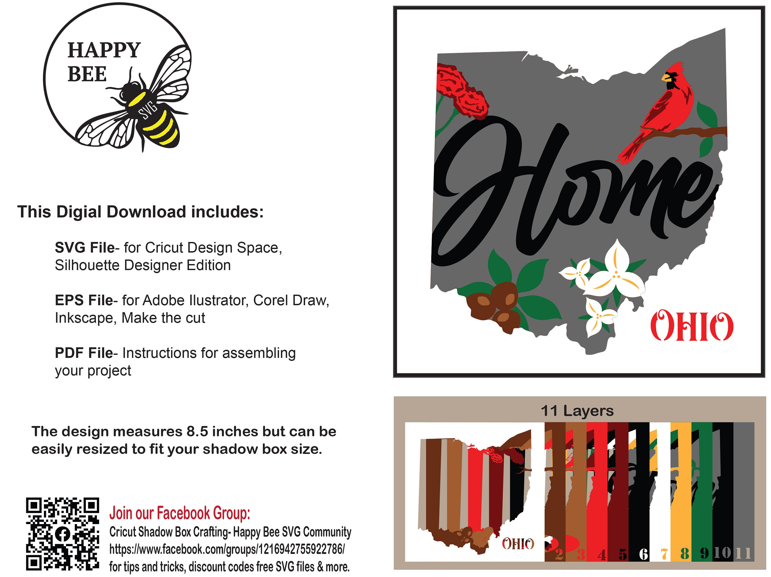 Ohio Home Shadow Box SVG File, 3D, Layered Shadow Box, Cardinal, State ...