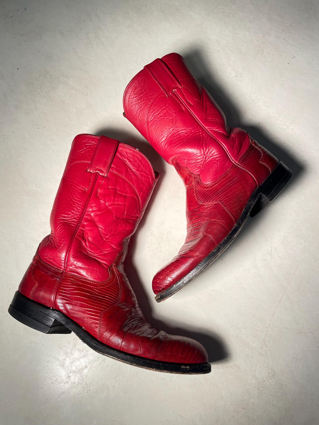Vintage Justin Red Leather Cowboy Boots With Lizard or Snakeskin Upper ...