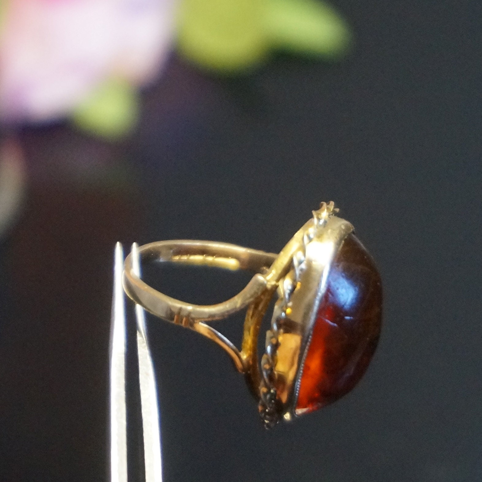 Mid Century 50s Gold Amber Ring, Extra Large Single Stone Amber Ring ...