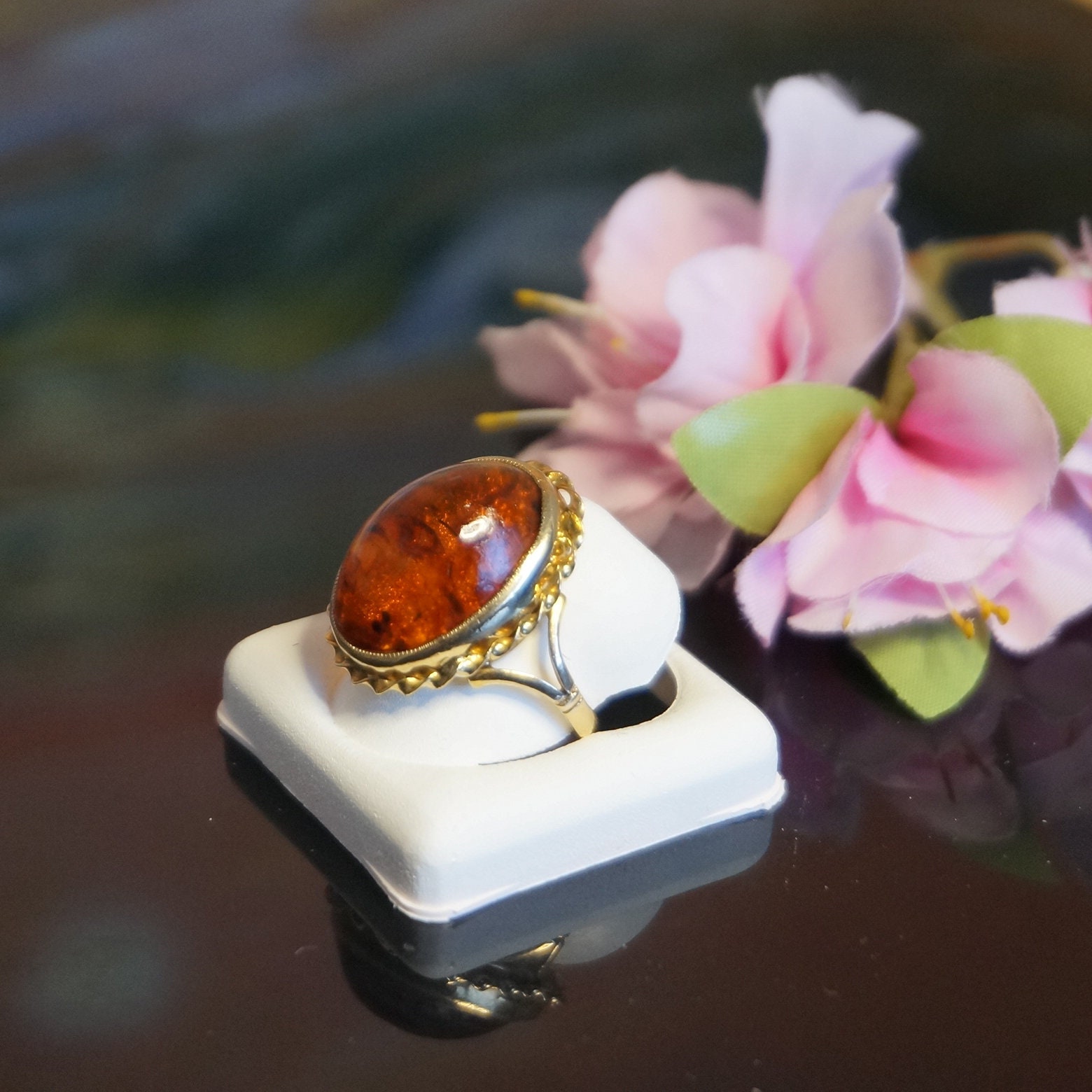 Mid Century 50s Gold Amber Ring, Extra Large Single Stone Amber Ring ...