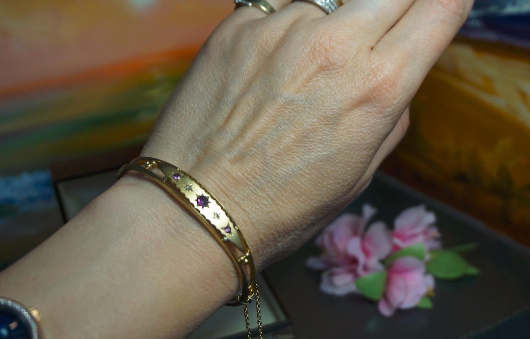 Antique English 9ct Gold Diamond & Ruby Bangle Bracelet With Safety ...