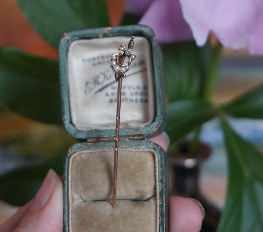 Antique French 18ct Gold Seed Pearl Crescent & Saber Pin - Etsy