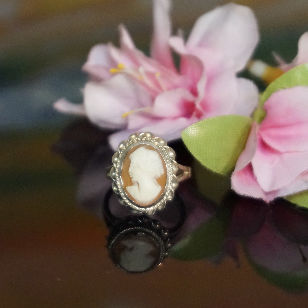 Antique Victorian Shell Cameo Silver Ring, Female Profile Cameo Ring ...