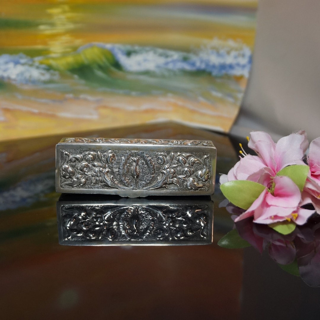 Antique Spanish Silver Trinket Box With Lid Decorated With Peacock ...