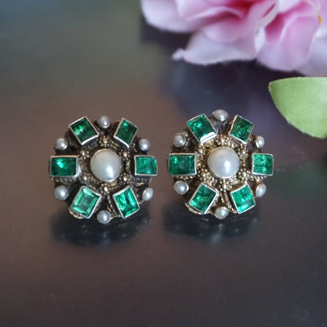Antique Austro-hungarian Silver Paste Emerald & Pearls Earrings, Silver ...
