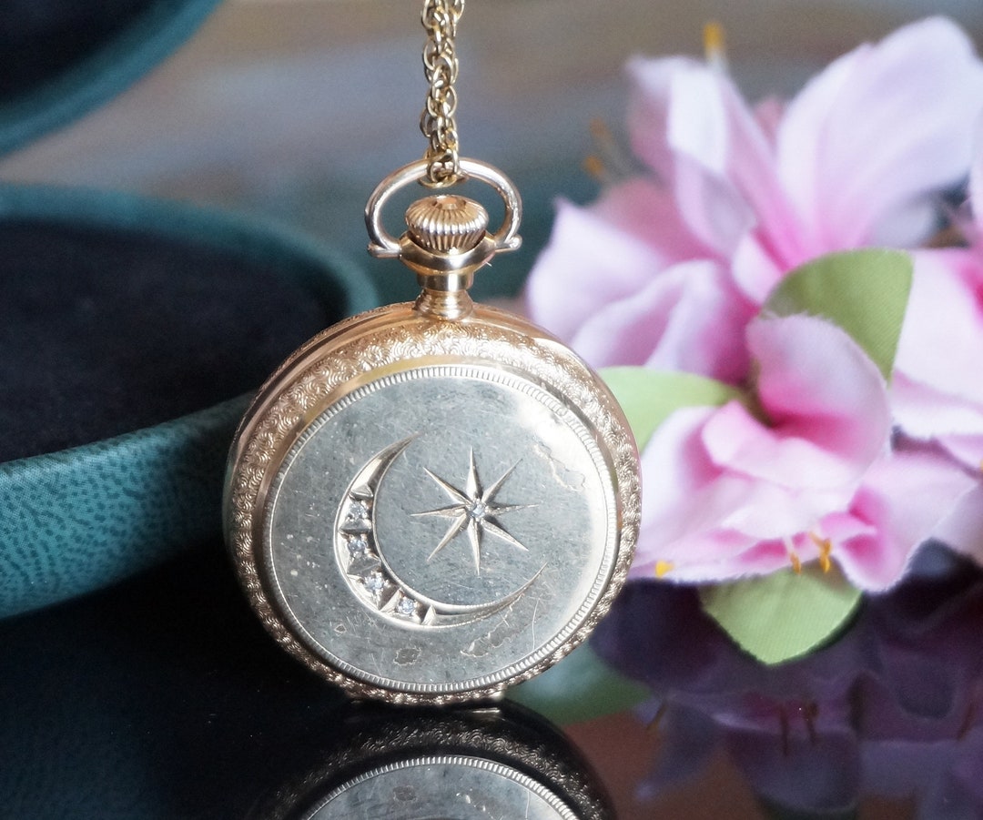 Antique Solid Gold Pocket Watch With Diamond Crescent Watch, W4 - Etsy