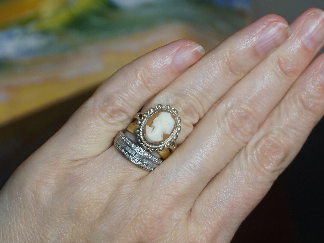 Antique Victorian Shell Cameo Silver Ring, Female Profile Cameo Ring ...