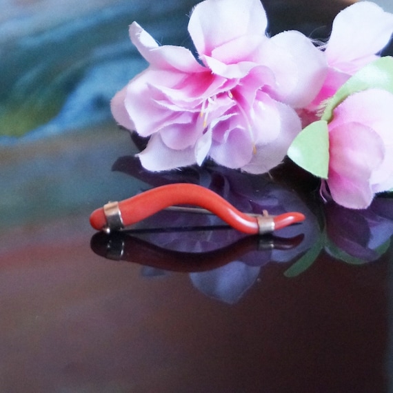 Victorian antique cornicello red coral 9kt gold brooc… - Gem