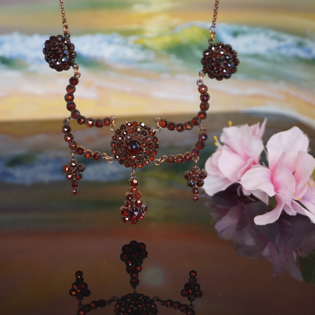 Victorian Bohemian Garnet Necklace, Silver Natural Garnet Necklace ...