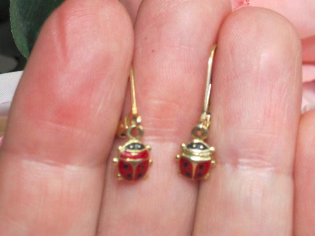 Vintage Solid 10kt Gold Ladybug Earrings With Red Enamel Charm, Cute ...