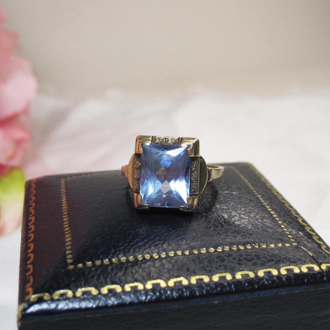 Art Deco Large Blue Topaz 10kt Gold Ring, Large Blue Gemstone Ring, Retro Jewelry, Statement ...