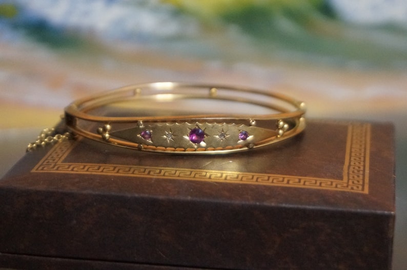 Antique English 9ct Gold Diamond & Ruby Bangle Bracelet With Safety ...