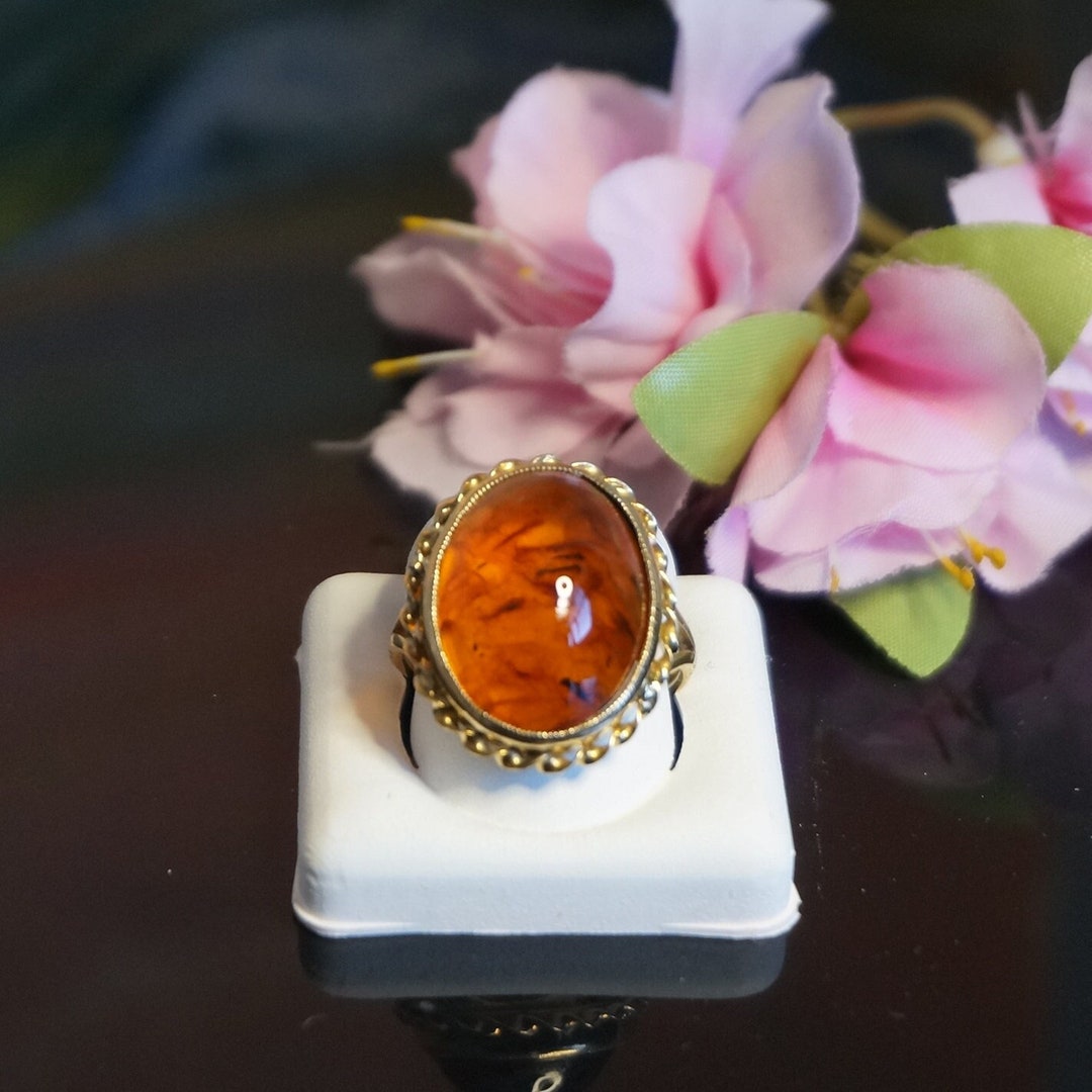 Mid Century 50s Gold Amber Ring, Extra Large Single Stone Amber Ring ...