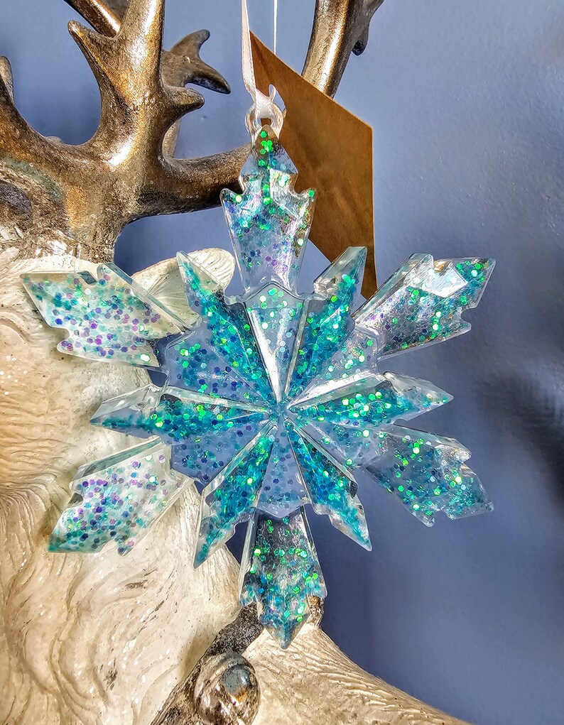 Blue Holographic Glitter Snowflake Ornament, Handcrafted Winter Decor ...
