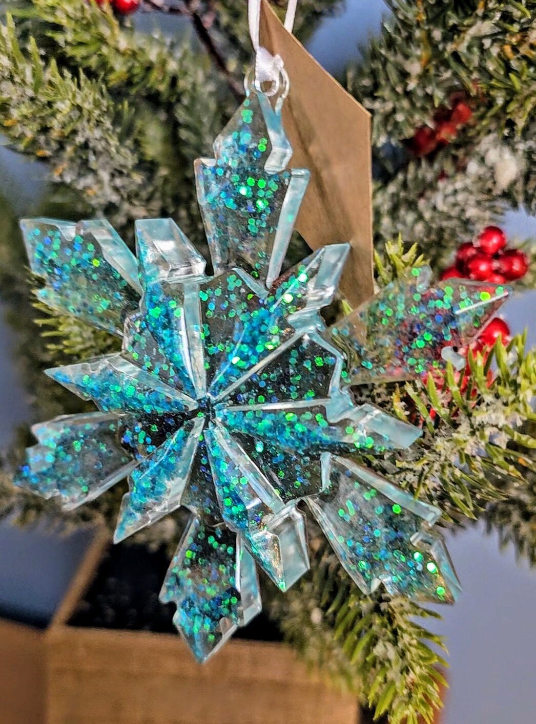 Blue Holographic Glitter Snowflake Ornament, Handcrafted Winter Decor ...
