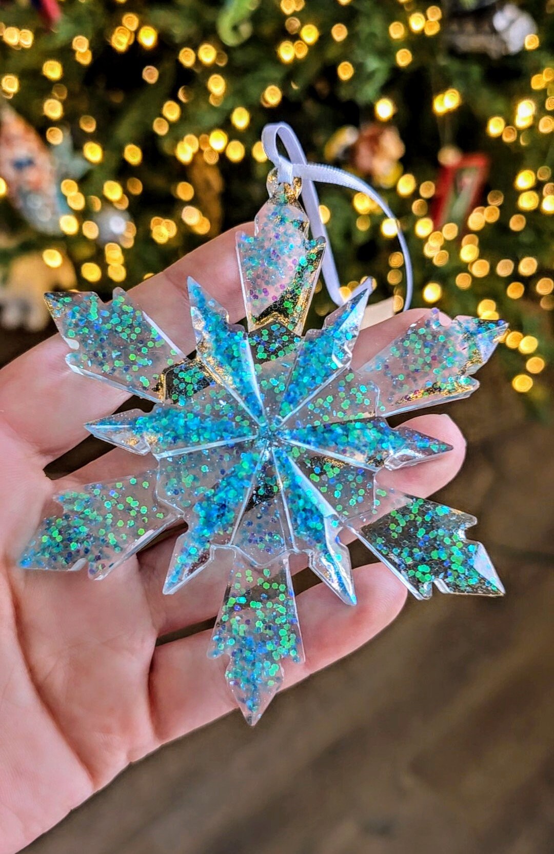 Blue Holographic Glitter Snowflake Ornament, Handcrafted Winter Decor ...