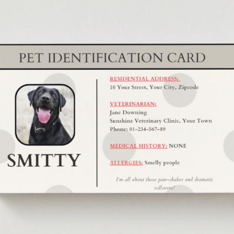 Editable Pet ID Card Template, Custom Dog ID Card Template, Printable ...
