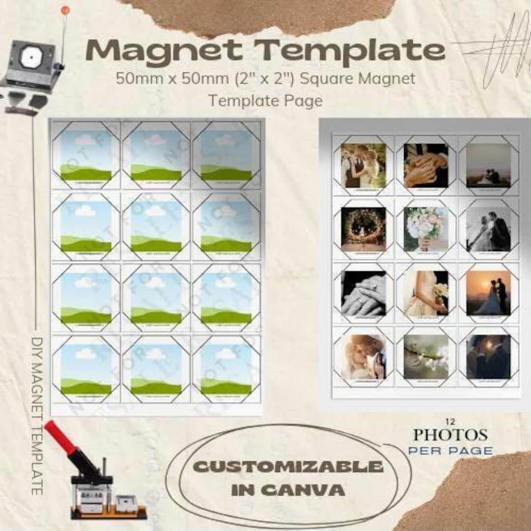 Square Magnet Template 2" X 2", 50mm X 50mm | 12, 8 and 2 Photo Spaces | Magnet Maker Instant ...