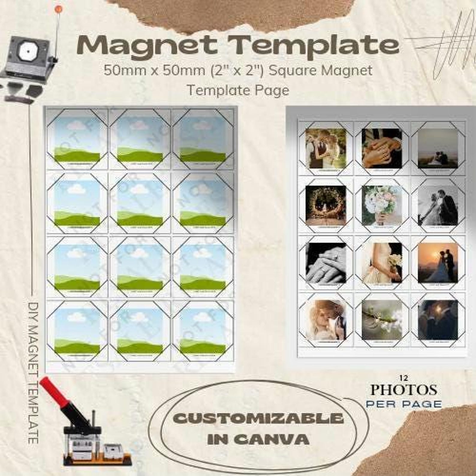 Square Magnet Template 2" X 2", 50mm X 50mm | 12, 8 and 2 Photo Spaces ...