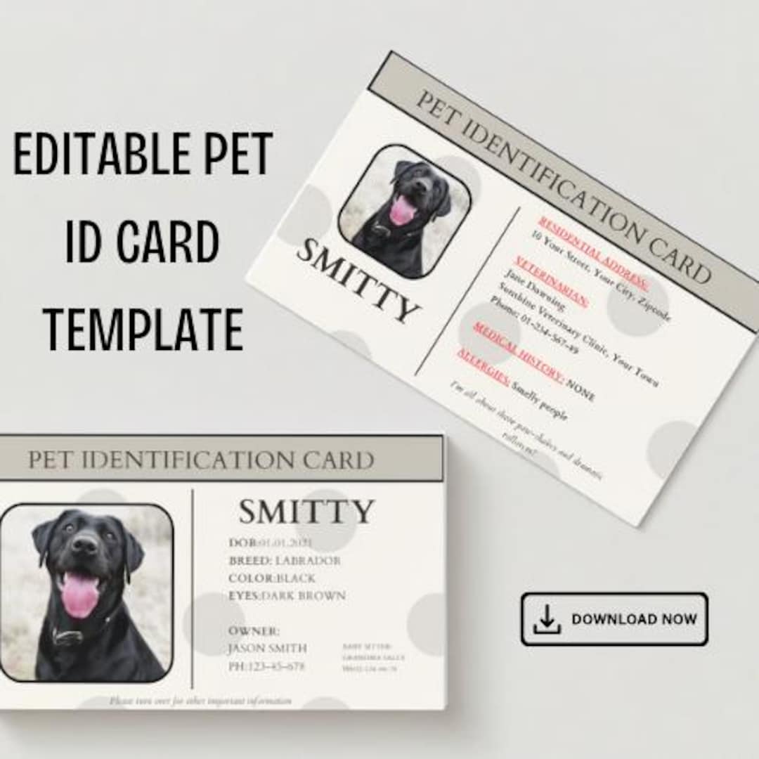 Editable Pet ID Card Template, Custom Dog ID Card Template, Printable ...