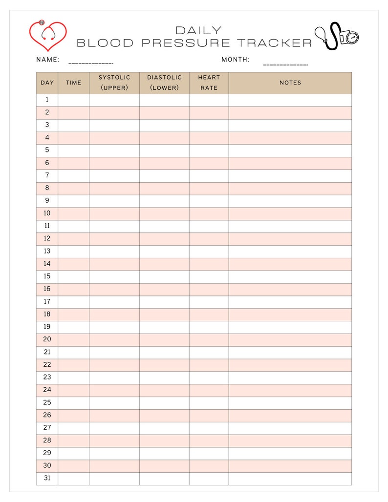 Blood Pressure Log Printable High Blood Pressure Tracker Template ...