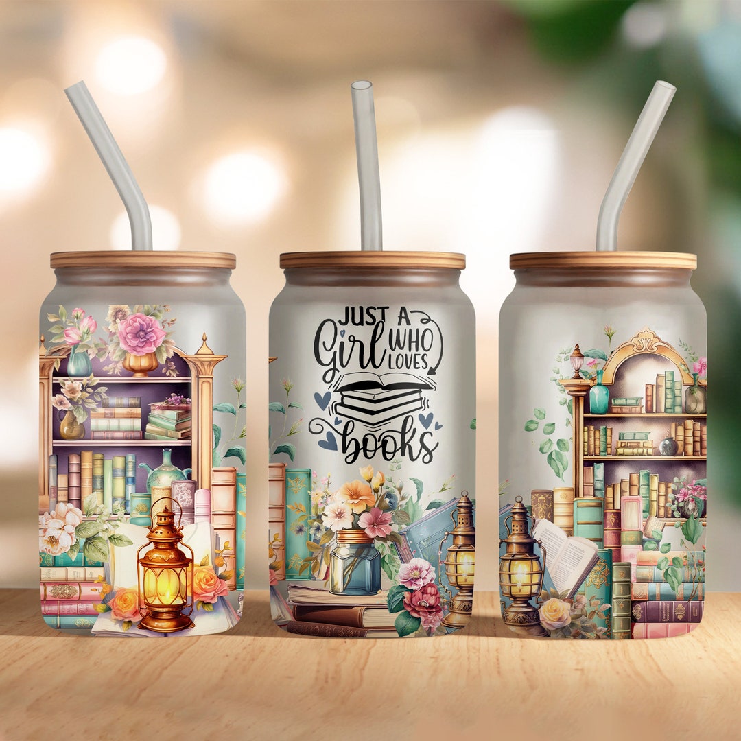 16 Oz Books Libbey Glass Wrap, Glass Can Wrap PNG, Book Lover Glass ...