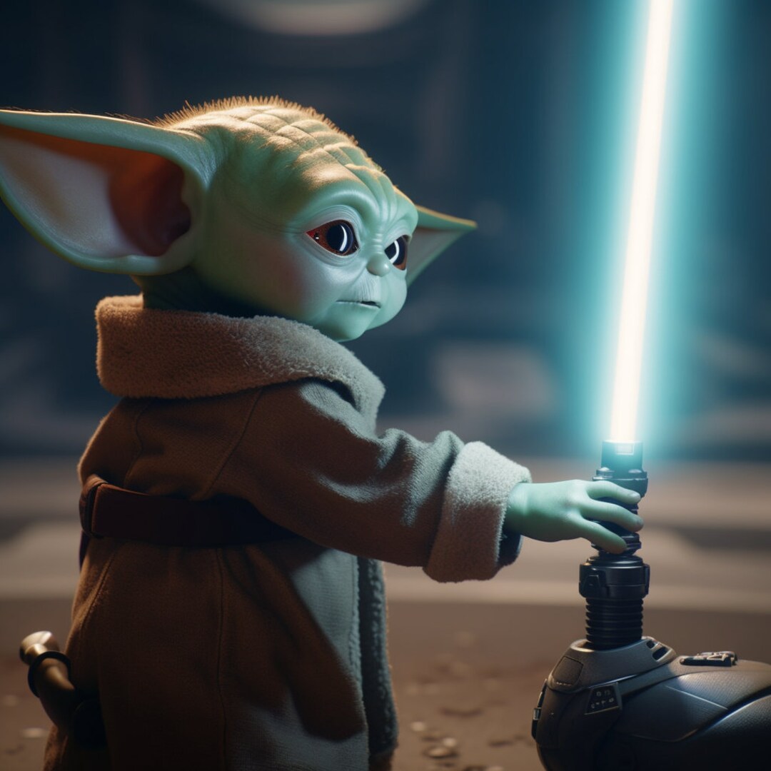 Baby Yoda Grogu Finds Lightsaber Star Wars Mandalorian Digital Image Baby Yoda Grogu Finds Lightsaber Star Wars Mandalorian Digital Image