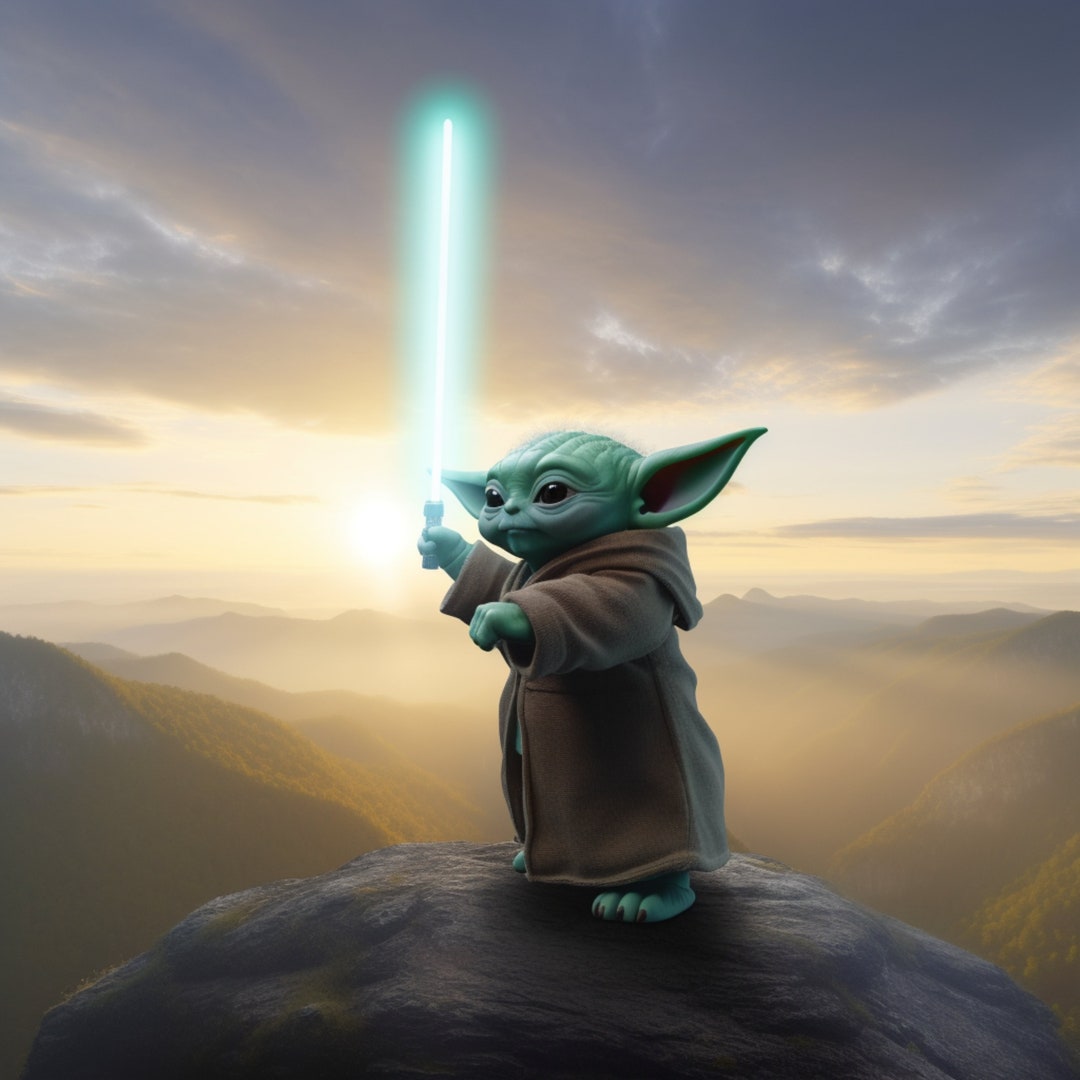 Baby Yoda Holding Lightsaber on Mountaintop With Sunrise Star Wars ...