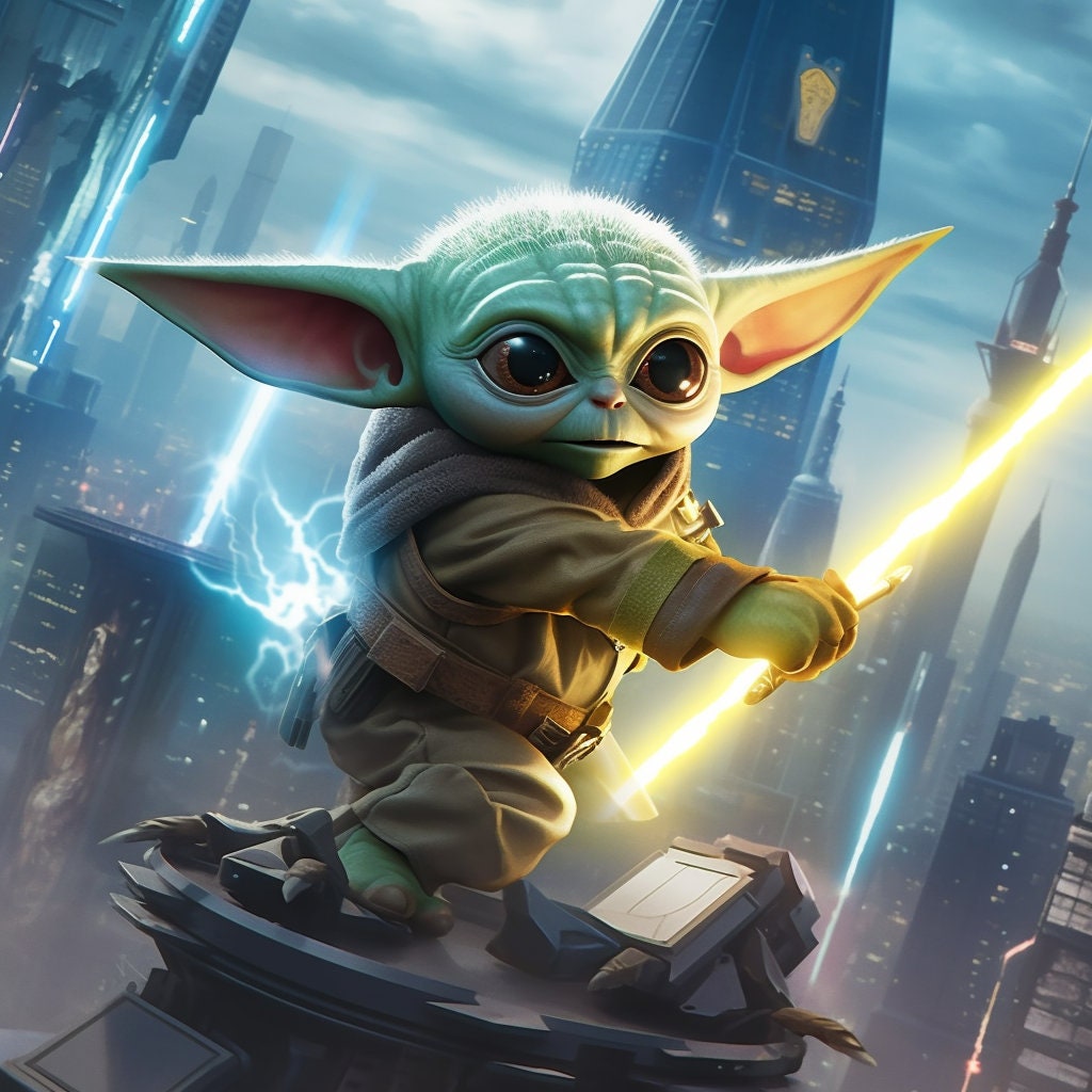 Baby Yoda Holding Lightsaber on in a Futuristic World Star Wars ...