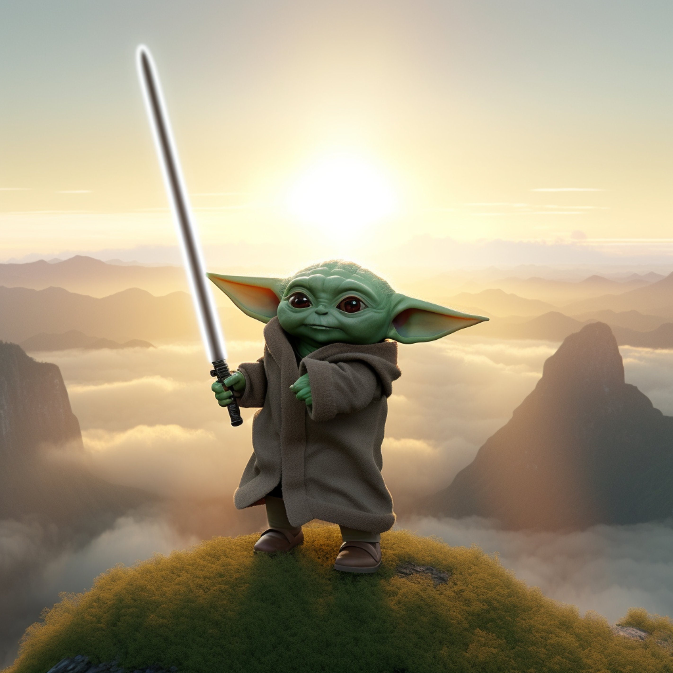 Baby Yoda Holding Lightsaber on Mountaintop With Sunrise Star Wars ...