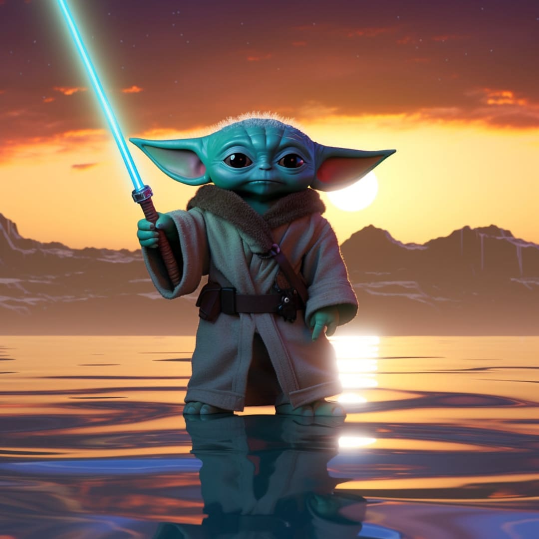 Baby Yoda Holding Green Lightsaber Ocean Sunset Star Wars Mandalorian ...