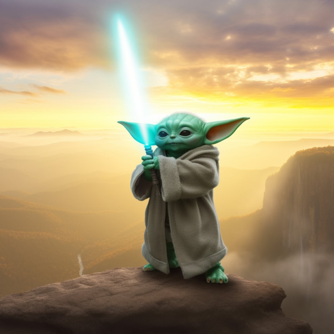 Baby Yoda Holding Lightsaber on Mountaintop With Sunrise Star Wars ...