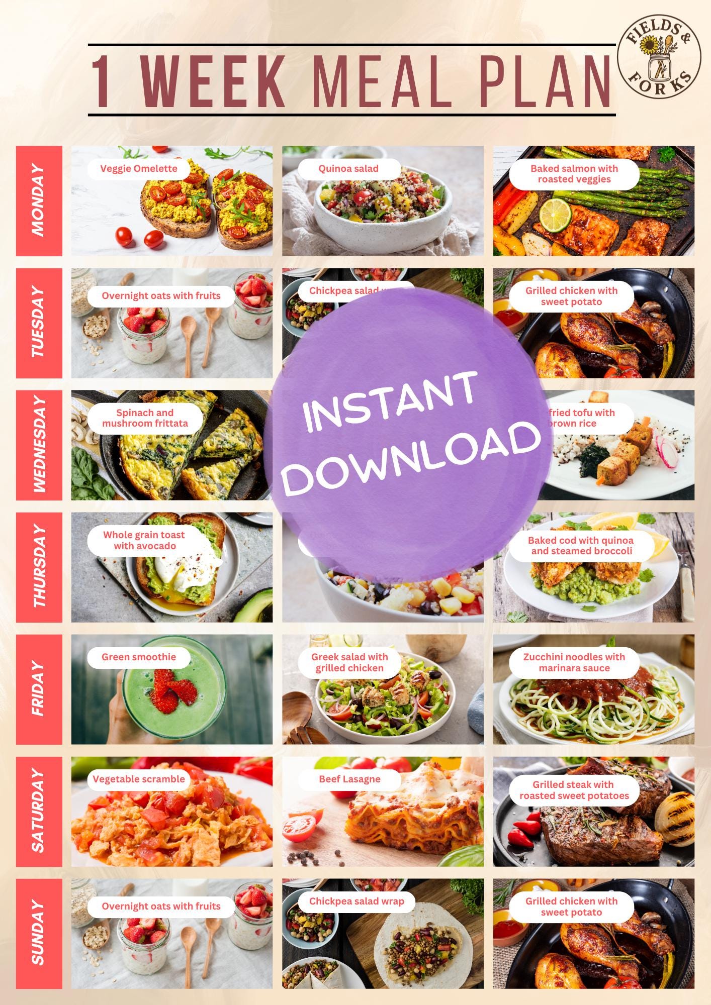 Printable Weekly Meal Planner | 7 Day Fill-in Menu & Grocery List ...