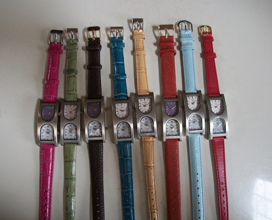 2 Time Zone Dual Time Blue, Black, Red, Green, Pink Leather Band ...