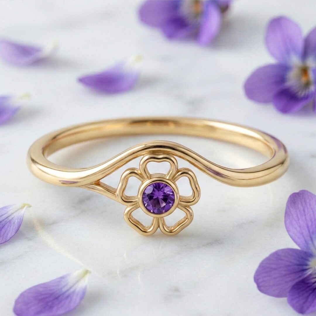 Violet Birth Flower Ring, Personalized Dainty Birthflower Rings, Custom ...