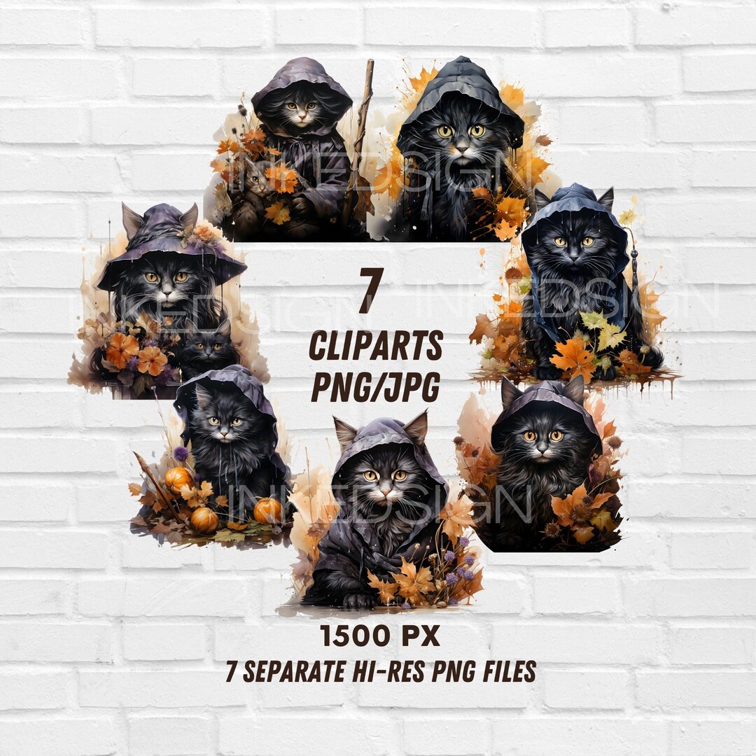 Halloween Witch Cat Clipart, Watercolor Clipart, Witch Clipart, Black ...