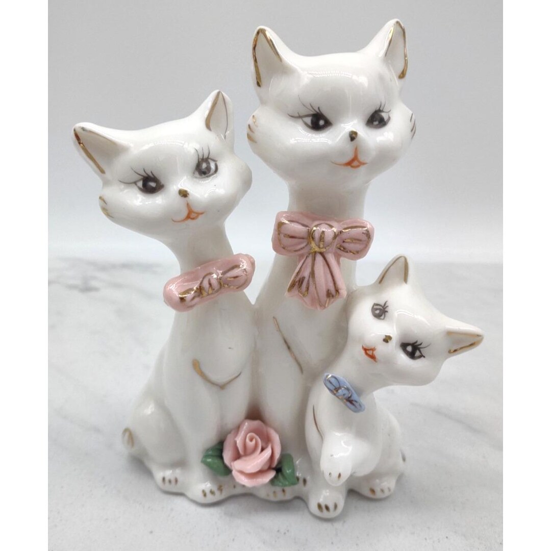 Vintage Porcelain Ceramic Long Neck Cats Figurine Pink White Gold ...