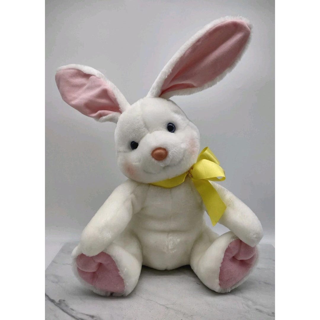 Hallmark Bunny Rabbit Plush White & Pink Yellow Bow Posable Ears Rosy ...
