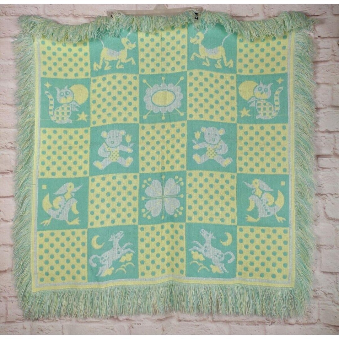 VTG Baby Blanket Woven Fringe Animals Green Yellow Japan 40 X 40 Double ...