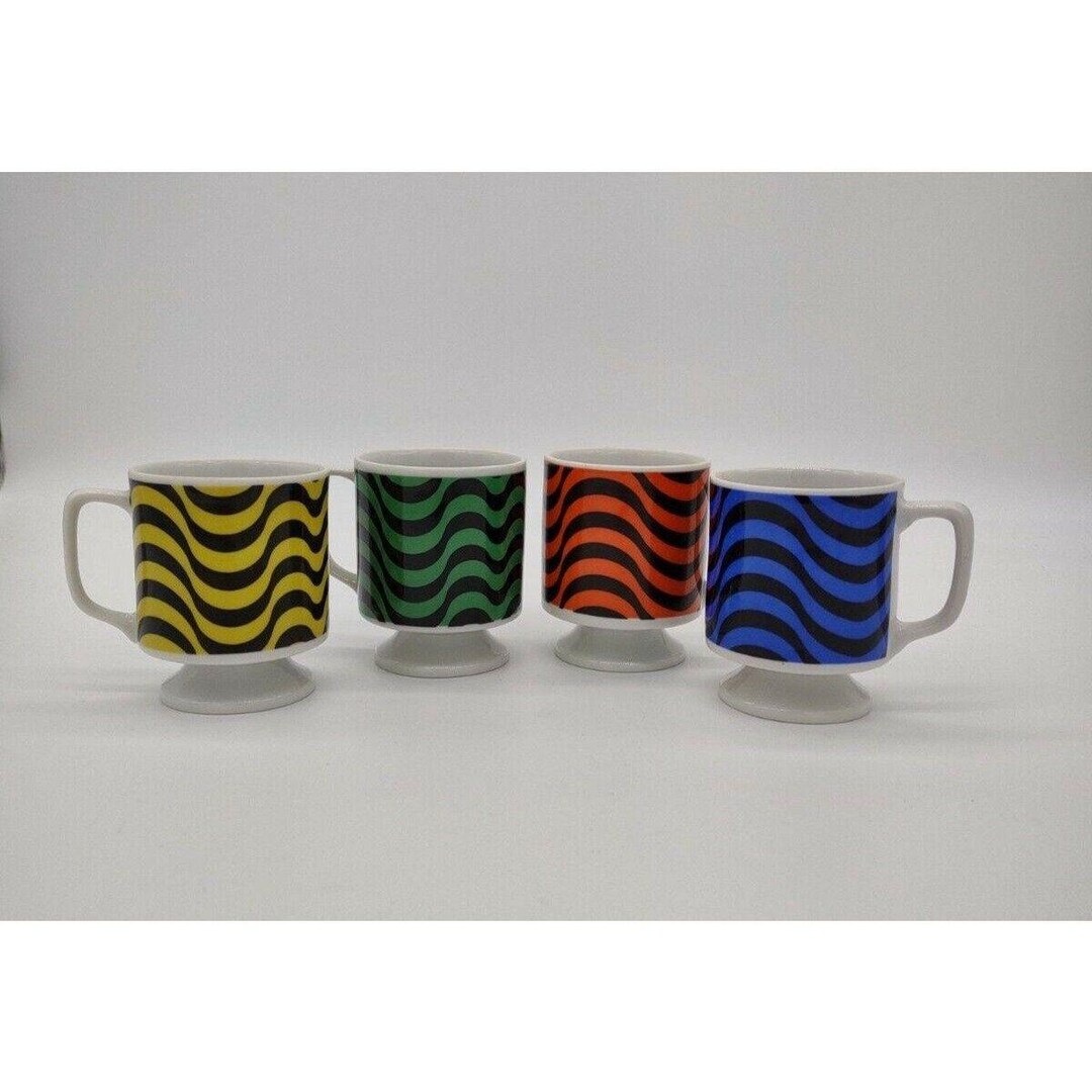 Vintage Mod Pedestal Footed Coffee Cups Mugs Wavy Stripes Blue Red ...
