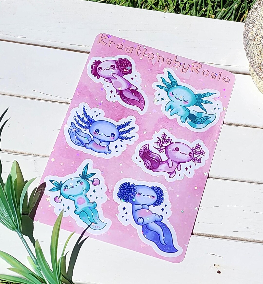 Cute Axolotl Sticker Sheet, Peel and Stick, Holographic, Sparkle and ...
