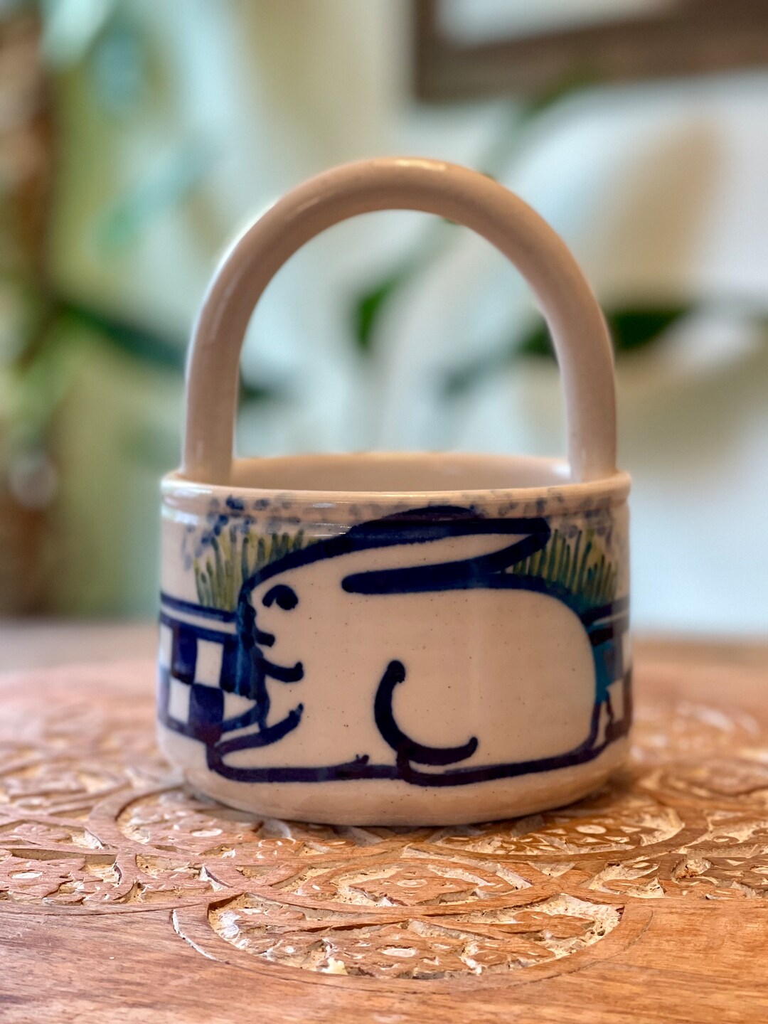 Debbie Dean Ceramic Rabbit Basket - Whimsical Stoneware Egg Basket ...