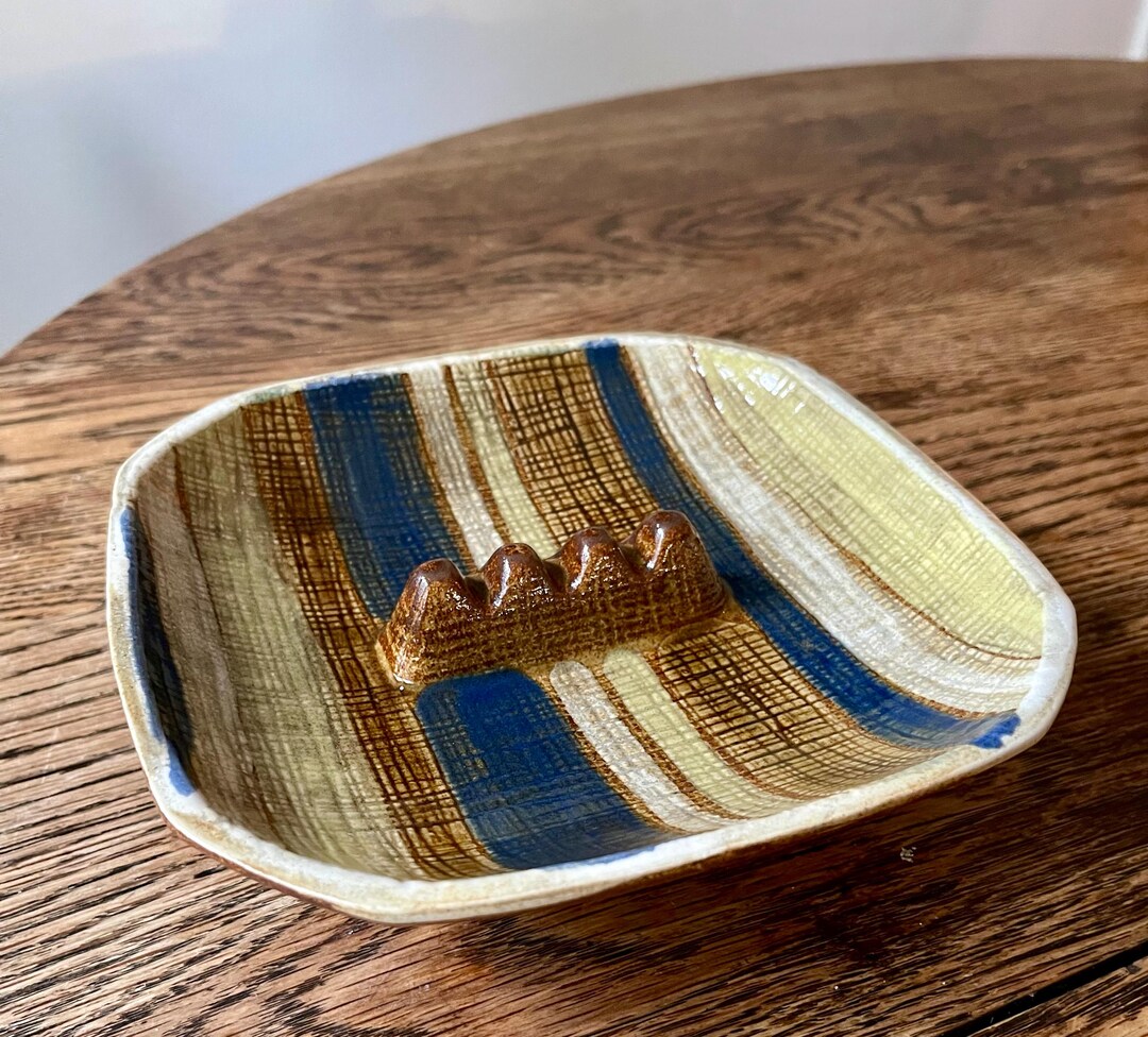 Retro Ceramic Ashtray With Textured Plaid and Striped Design - Unique ...