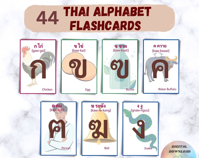 Thai Alphabet Consonants Flashcards DIGITAL DOWNLOAD | Study Thai ...