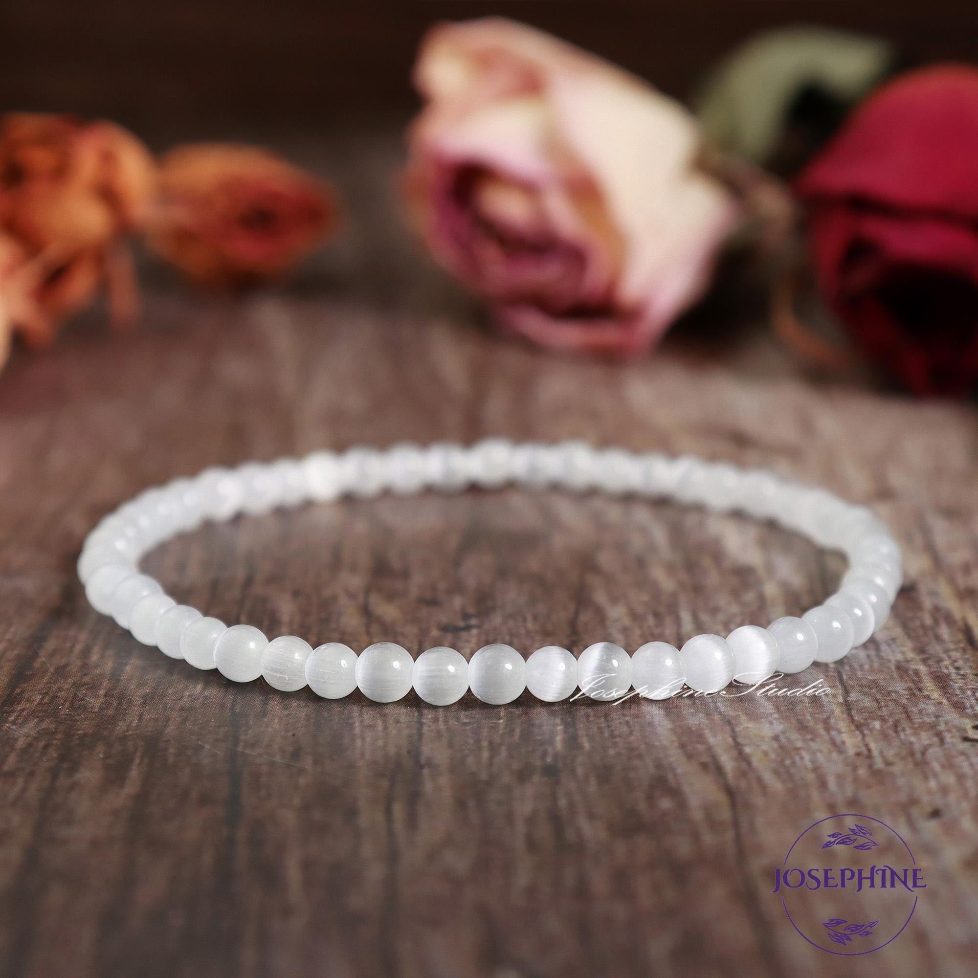 4mm Selenite Beaded Stretch Bracelet, Round Gemstone Jewelry, Heal ...